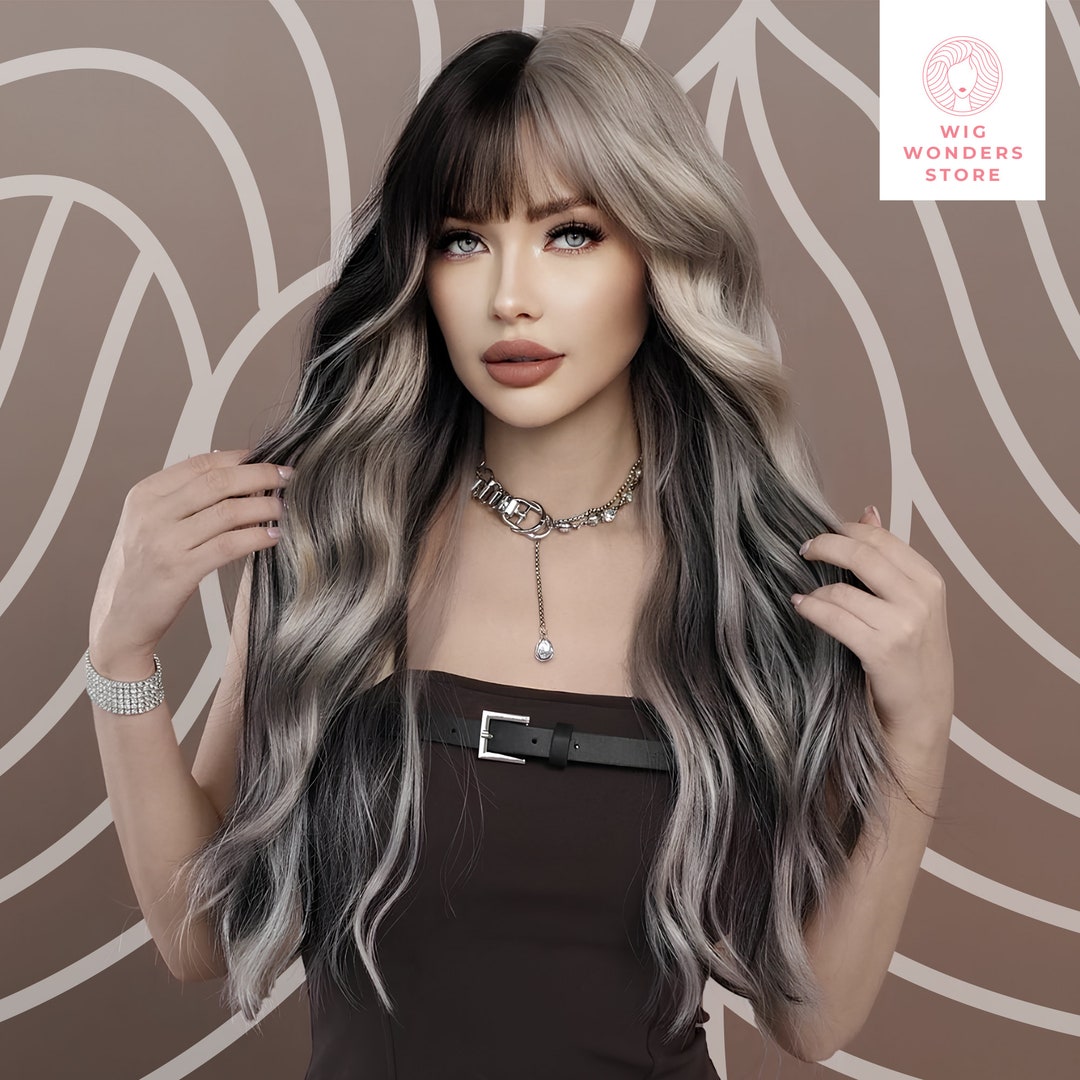 Two Tone Wavy Wig With Bangs, Silver Ash & Black Synthetic Hair - Etsy
