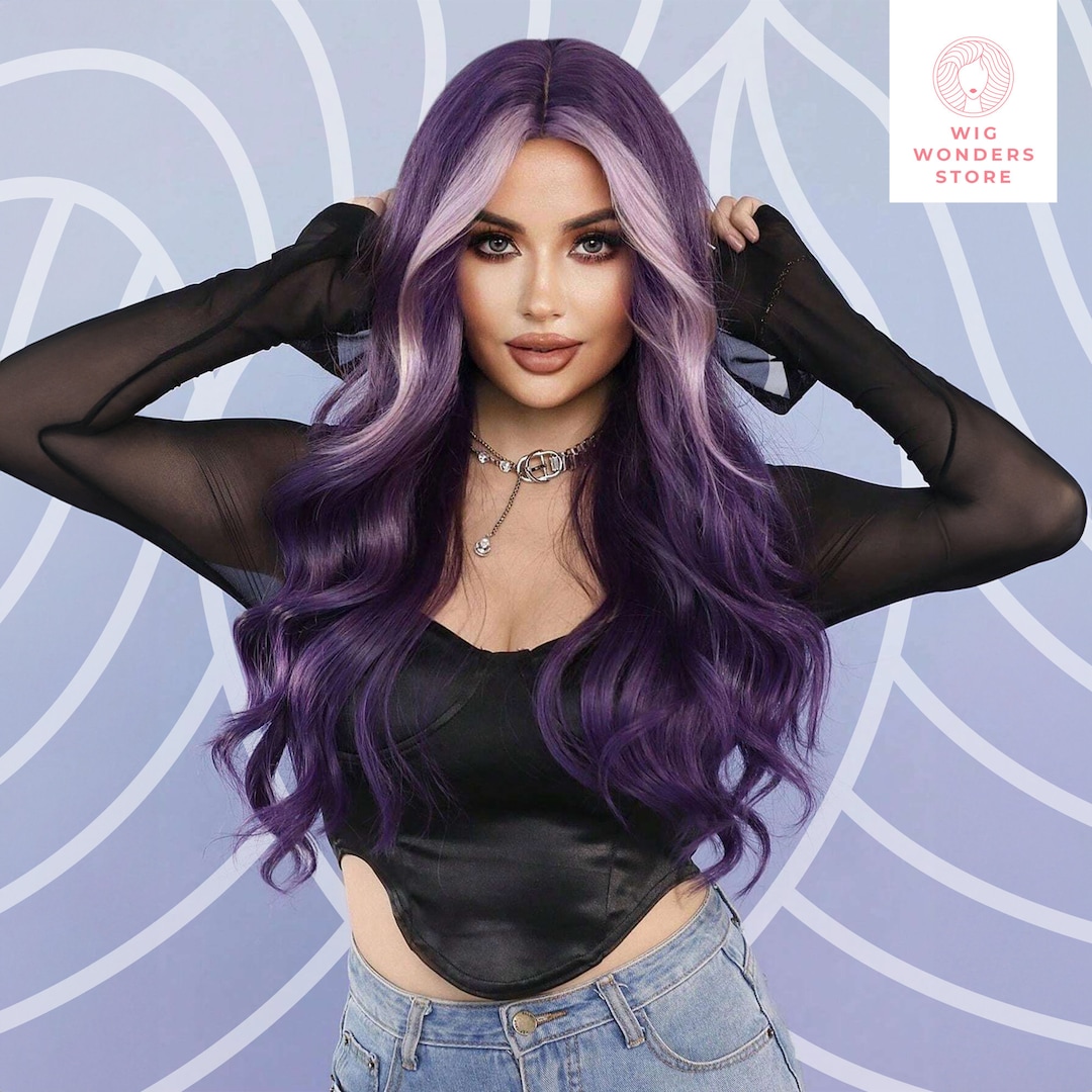 Violet Purple Wig, Wig, Purple Wig, Synthetic Wig, Long Wavy Wig, Wigs ...