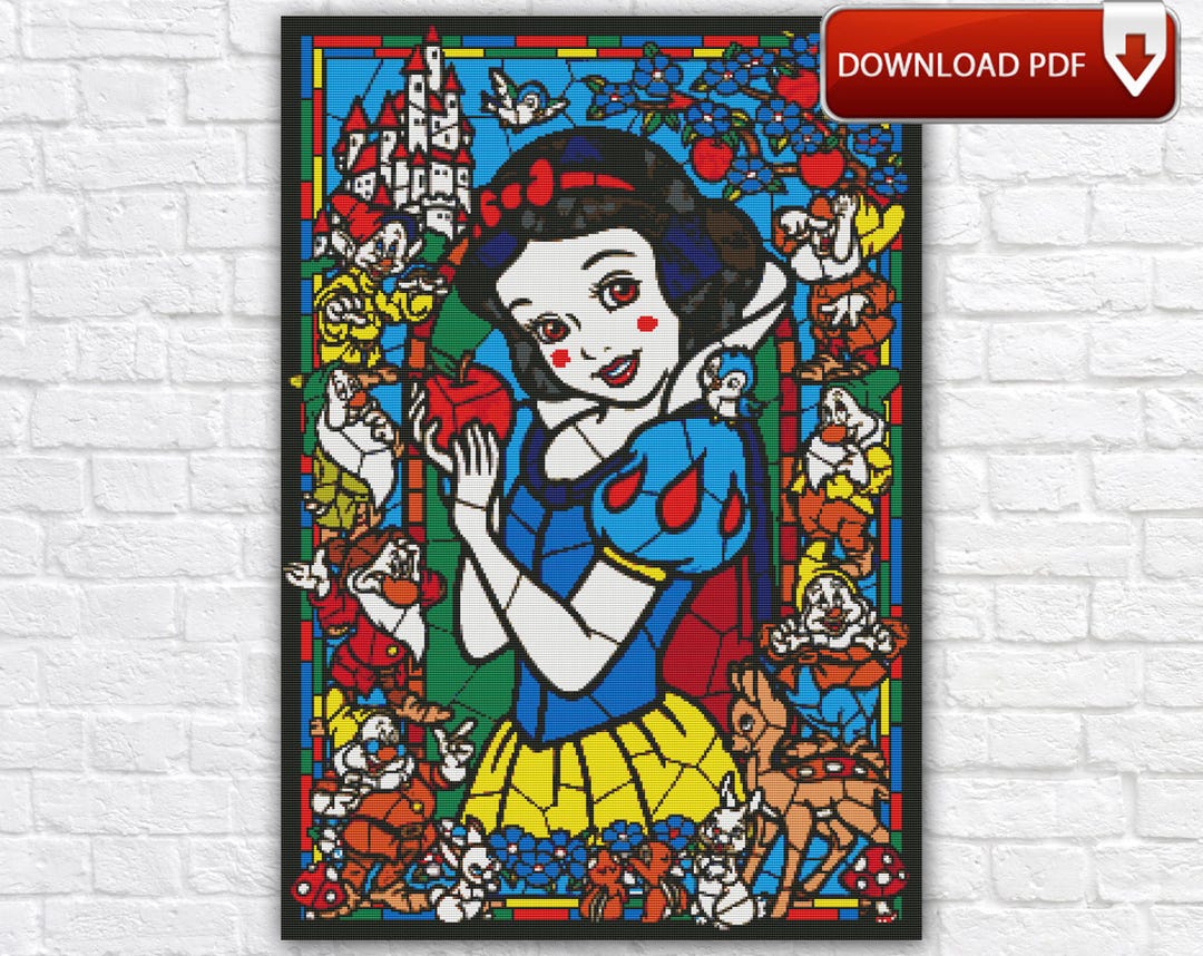 Snow White and 7 Dwarfs Cross Stitch Pattern / Snow White Stained Glass ...