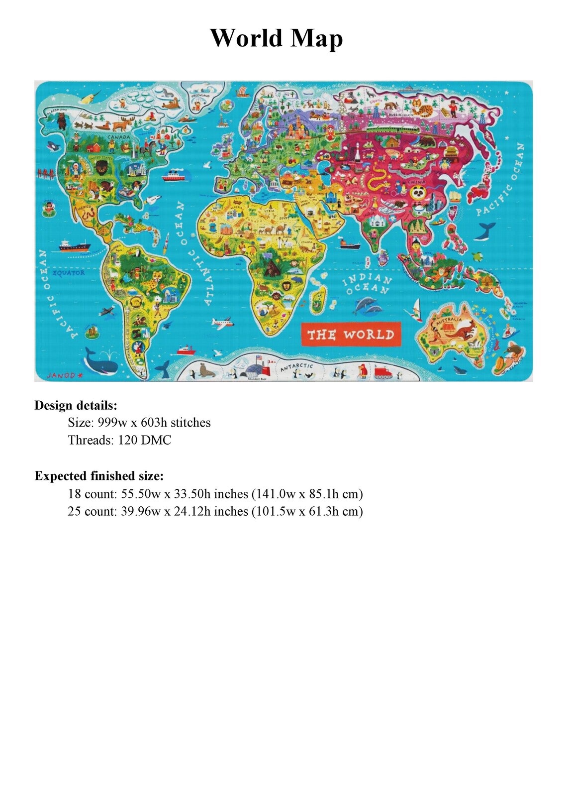 World Map Cross Stitch Pattern, Ocean Map Embroidery PDF Chart, Instant ...