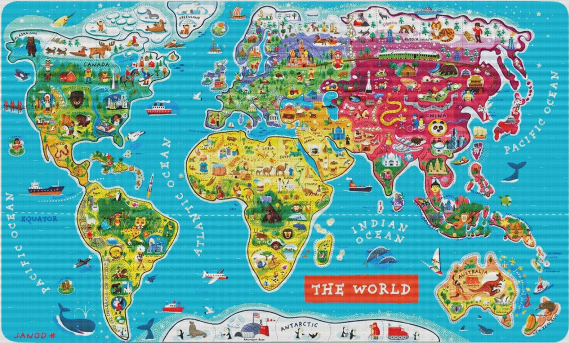 World Map Cross Stitch Pattern, Ocean Map Embroidery PDF Chart, Instant ...