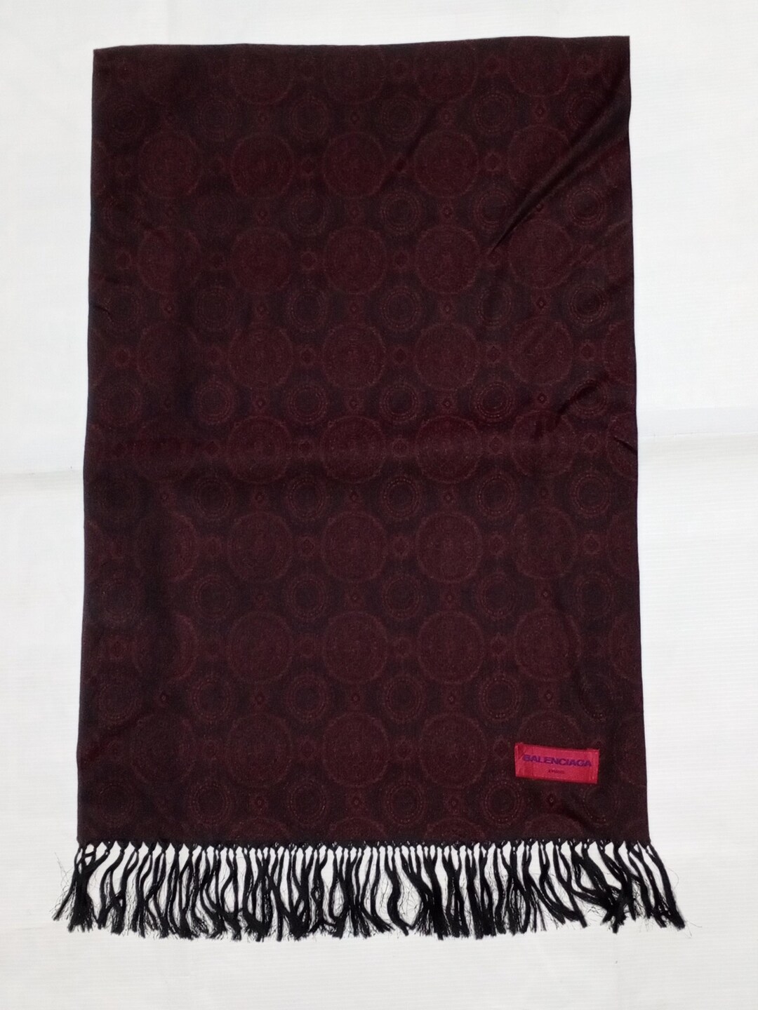 BALENCIAGA PARIS France Vintage Long Geometric Maroon Black Silk Scarf ...