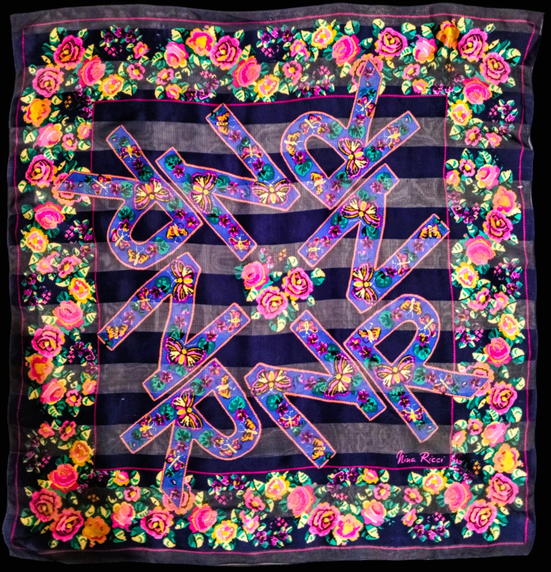 NINA RICCI Paris France Large Signature Logo Monogram Floral Blue Silk ...