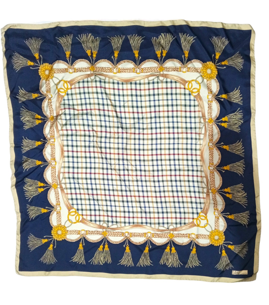 DAKS LONDON Signature Plaid Rope Tassel Square Silk Scarf Wrap Shawl 34 ...