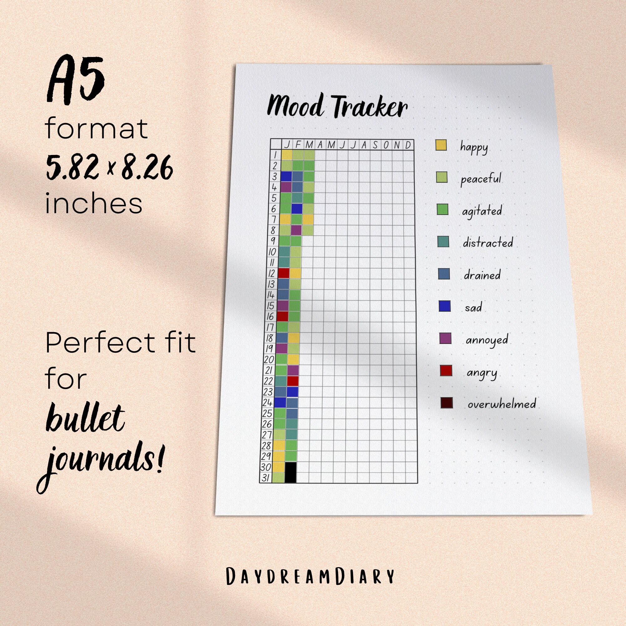Mood Tracker Printable Journal Page A5 PDF, Premade Bullet Journal ...