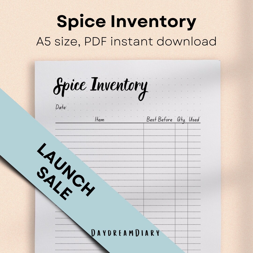Spice Inventory Printable A5 PDF Recipe Template, Grocery List, Meal ...