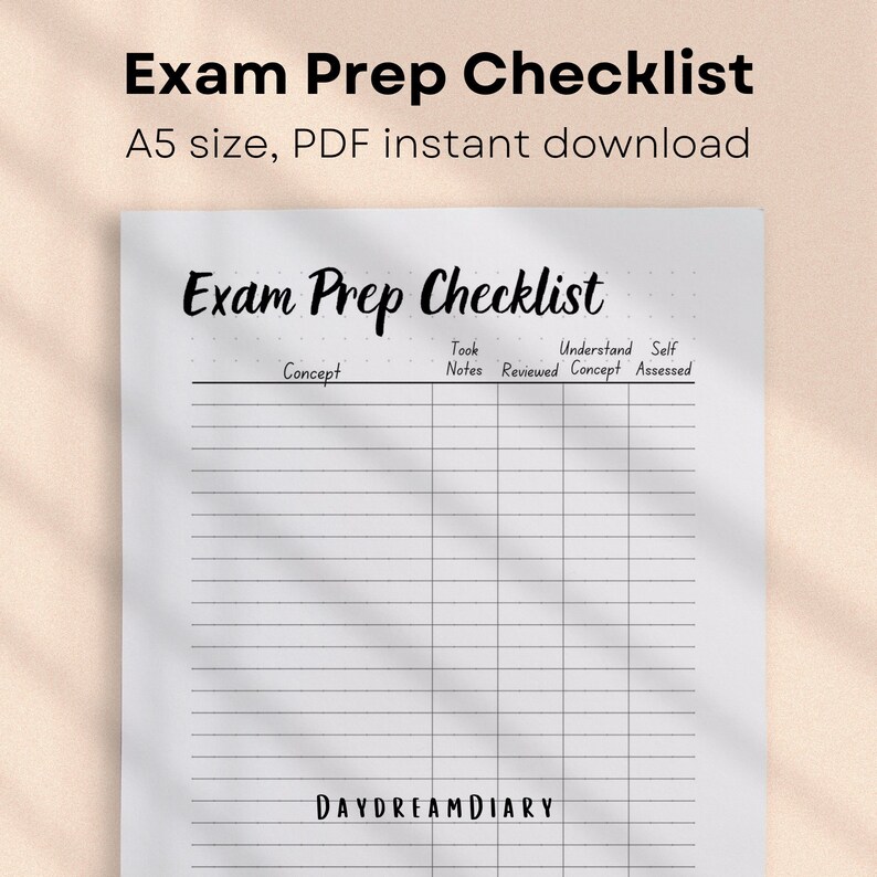 Exam Prep Checklist Tracker Printable A5 PDF, Student Academic ...