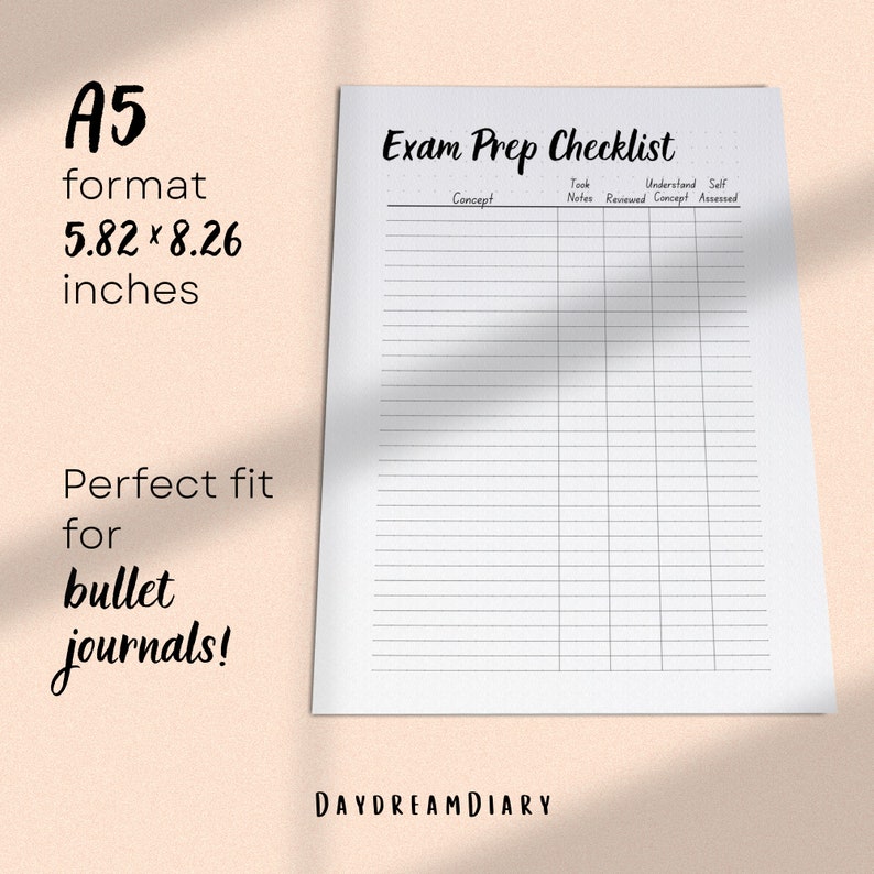 Exam Prep Checklist Tracker Printable A5 PDF, Student Academic ...