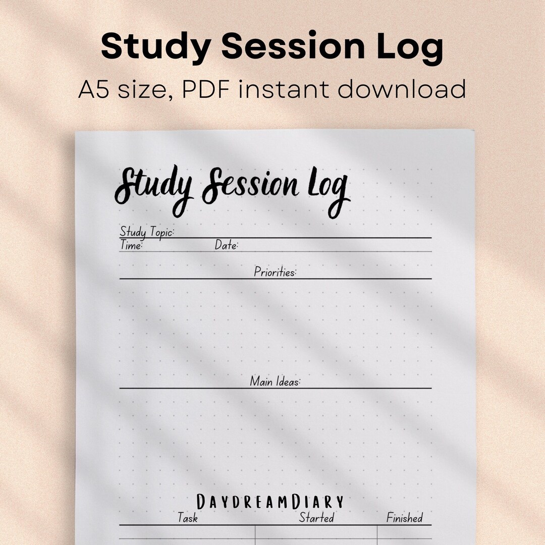 Study Session Log Printable A5 PDF, Student / Academic Printable ...