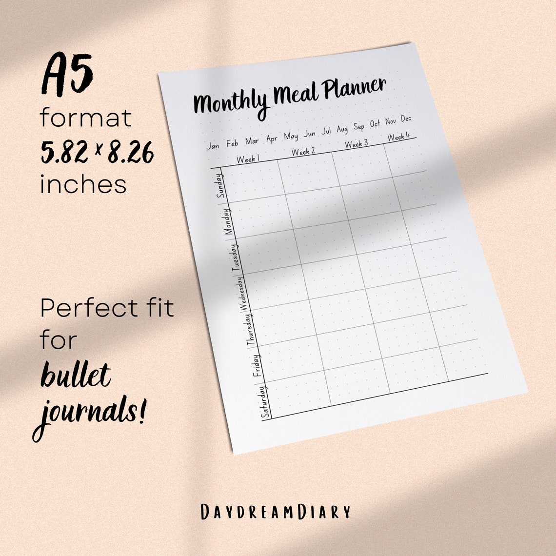 Monthly Meal Planner Printable A5 PDF, Recipe Template, Grocery List ...