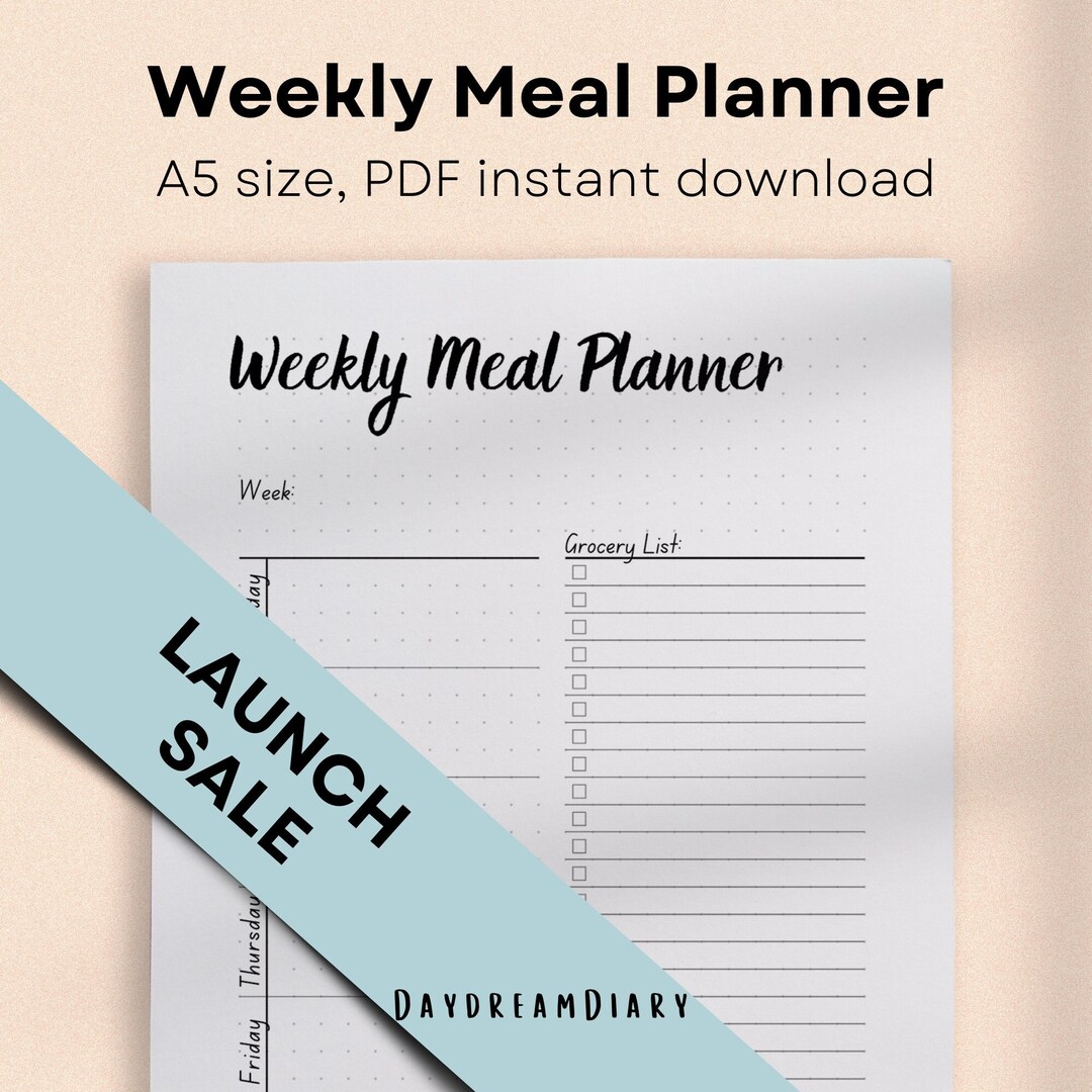 Weekly Meal Planner Printable A5 PDF, Recipe Template, Grocery List ...