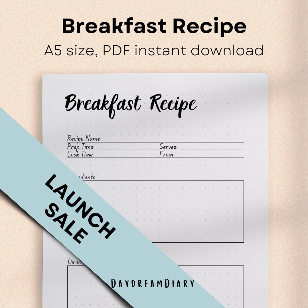 Breakfast Recipe Card Printable A5 PDF Recipe Template, Grocery List ...