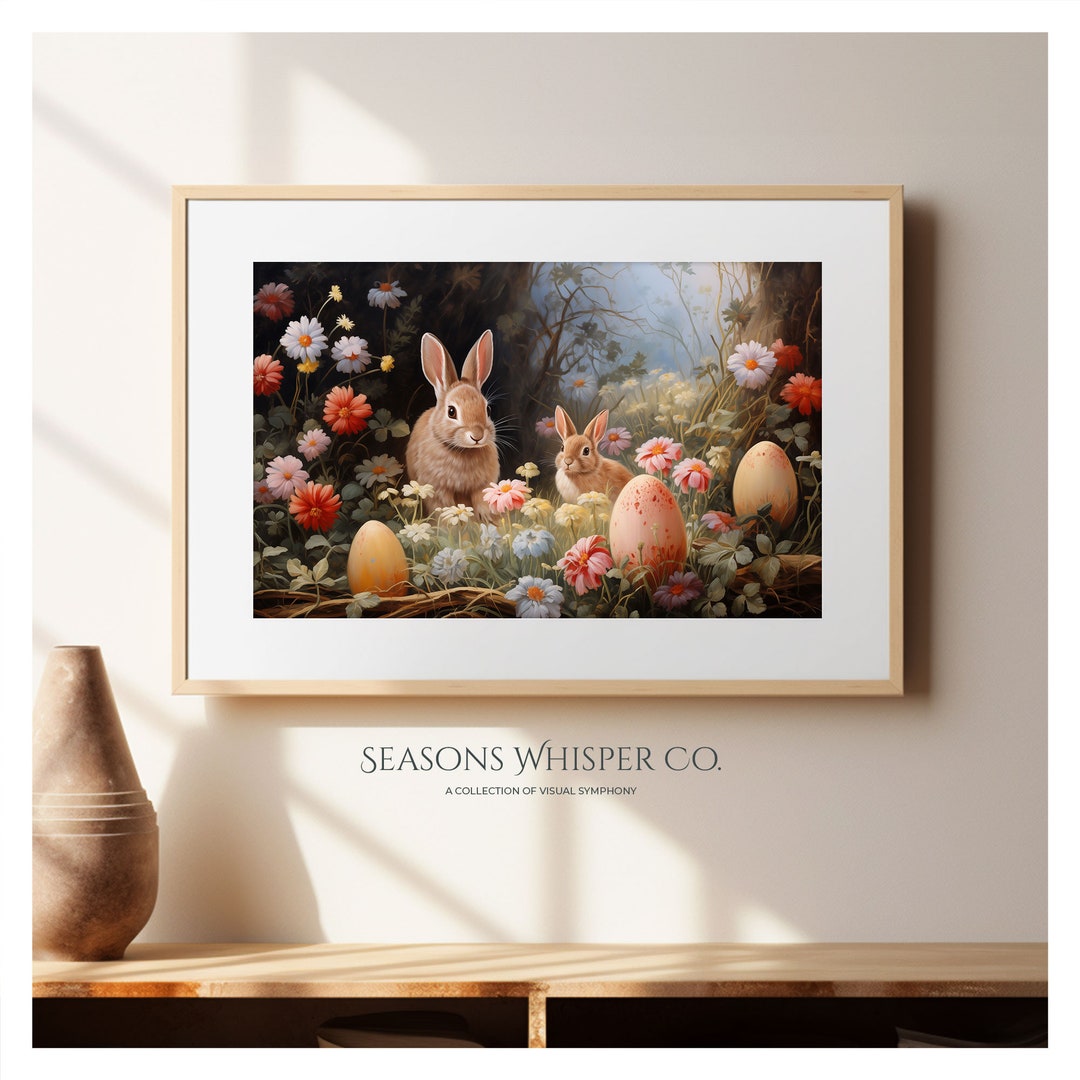 Spring Landscape Print Rabbit, Floral, Bunny, Easter Egg, Vintage Print ...