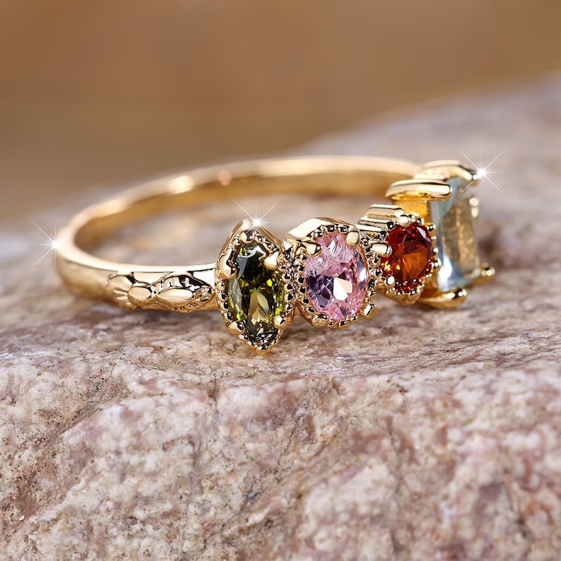 Rainbow Birthstone Ring, Multi-cut Milgrain Bezel Setting Engagement ...