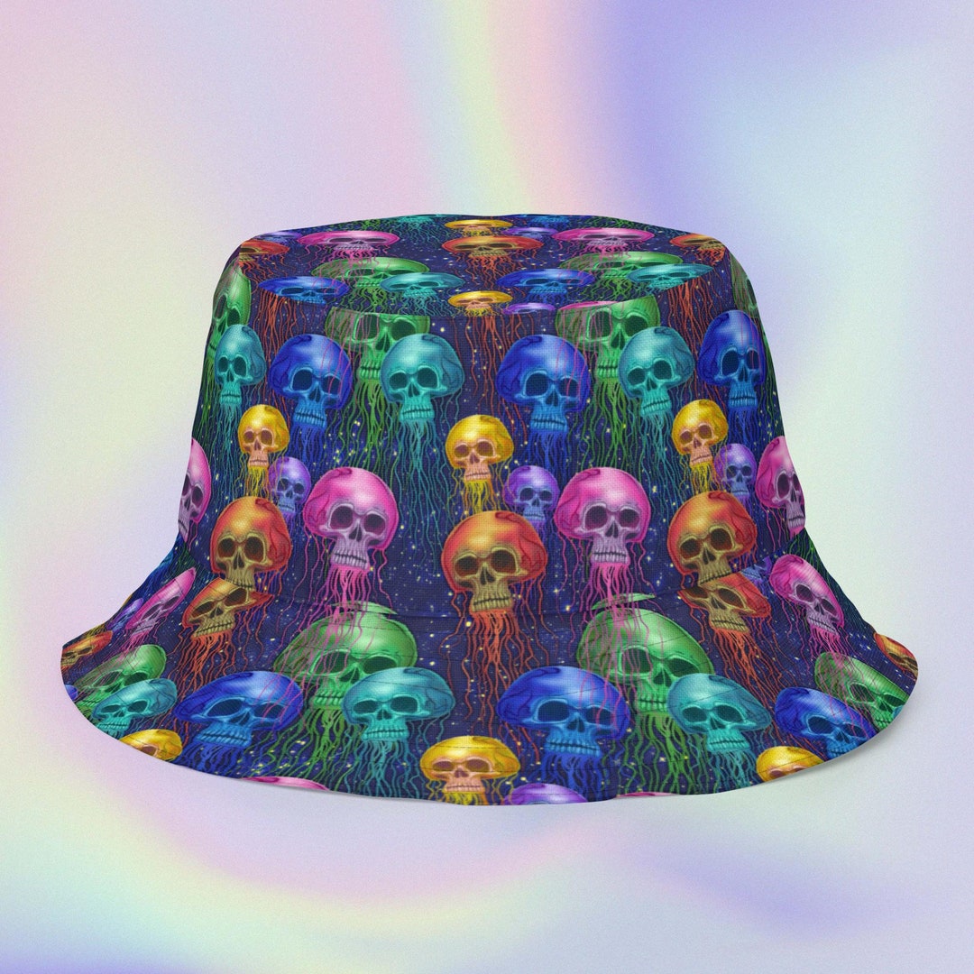 Colorful Jellyfish Skulls Pattern, Reversible Bucket Hat - Etsy