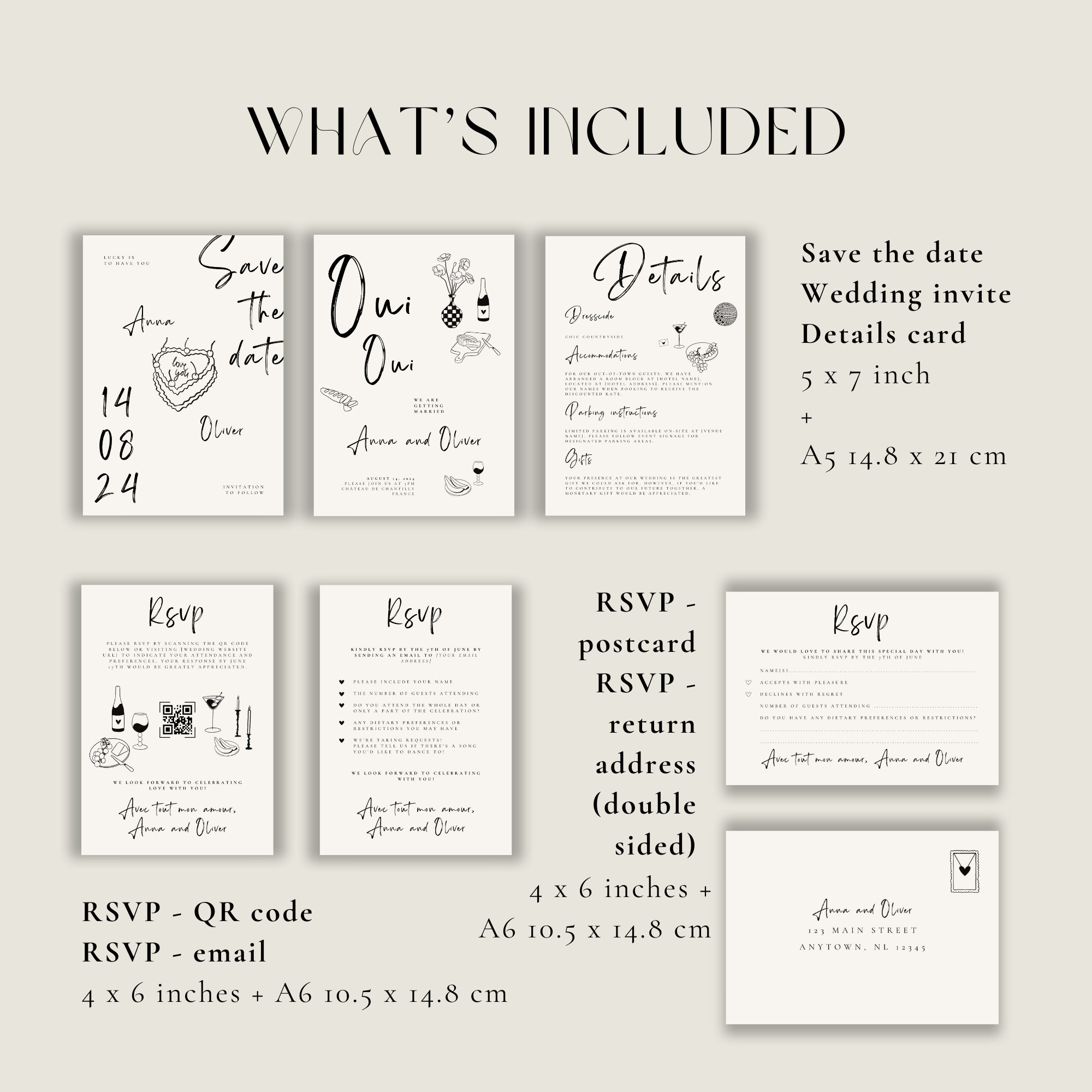 French Wedding Invitation Template Set DIY, Wedding Invite, Hand Drawn ...