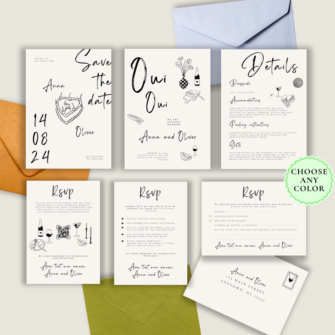 French Wedding Invitation Template Set DIY, Wedding Invite, Hand Drawn ...
