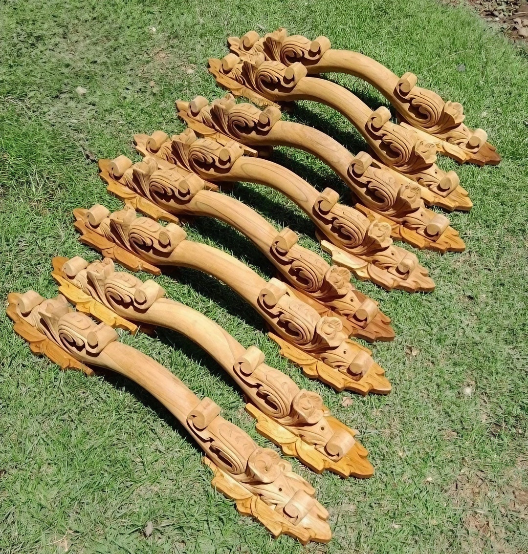 Hand-carved Teak Wood Door Handle Set - Antique Decorative Wooden Door ...