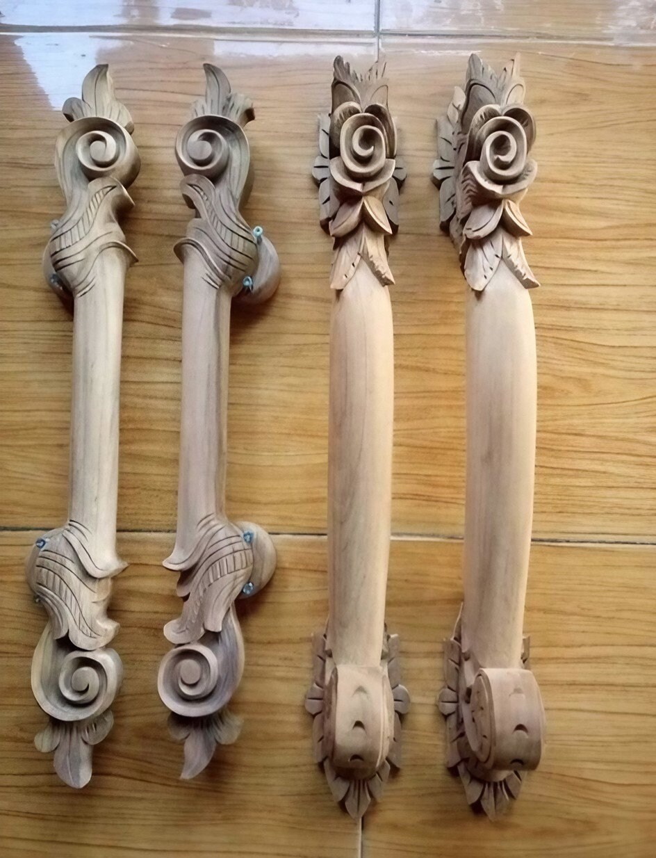 Hand-carved Teak Wood Door Handle Set Antique Decorative Wooden Door ...