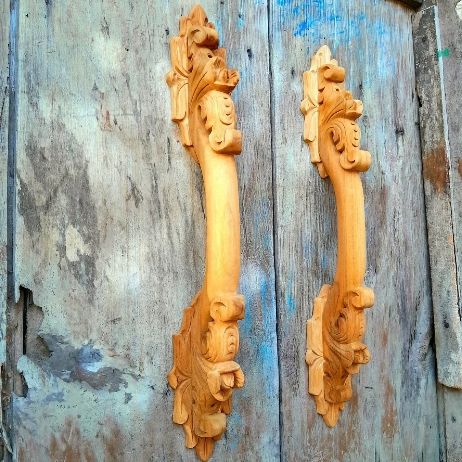 Hand-carved Teak Wood Door Handle Set - Antique Decorative Wooden Door ...