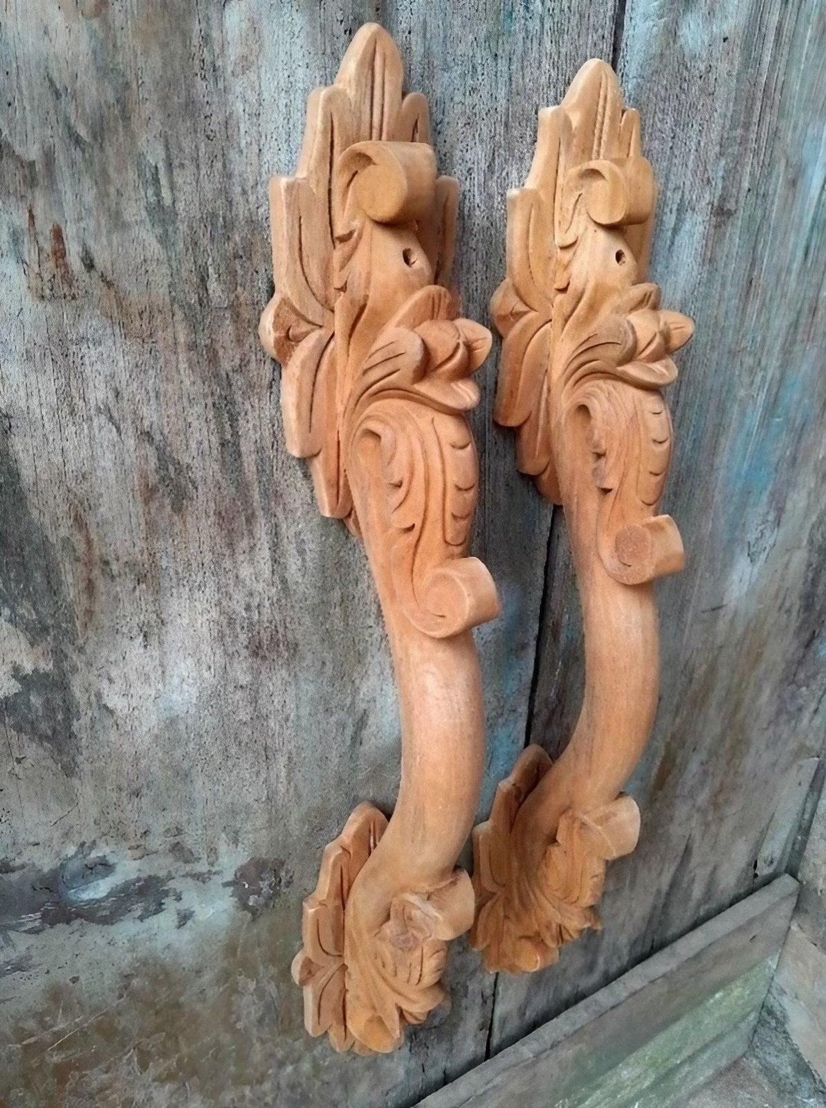 Hand-carved Teak Wood Door Handle Set Antique Decorative Wooden Door ...