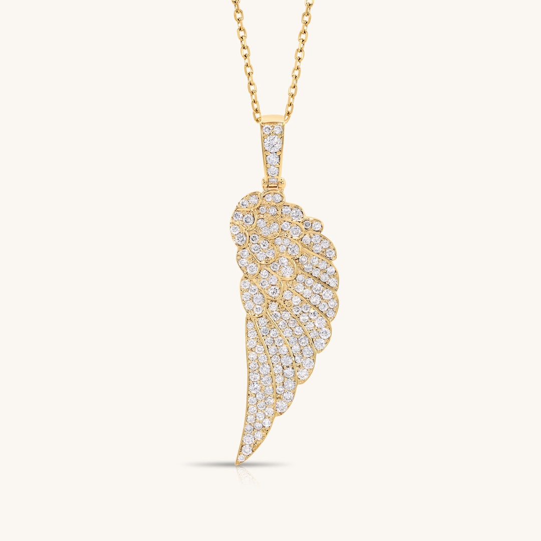 Solid 14K Yellow Gold and Diamond Angle Wing Necklace | Diamond Pendant ...