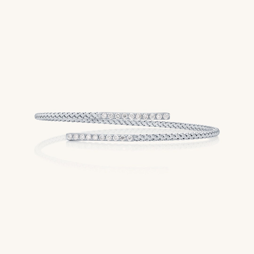 14K Solid White Gold Bangle With Diamonds | Twisted Rope Design Diamond ...
