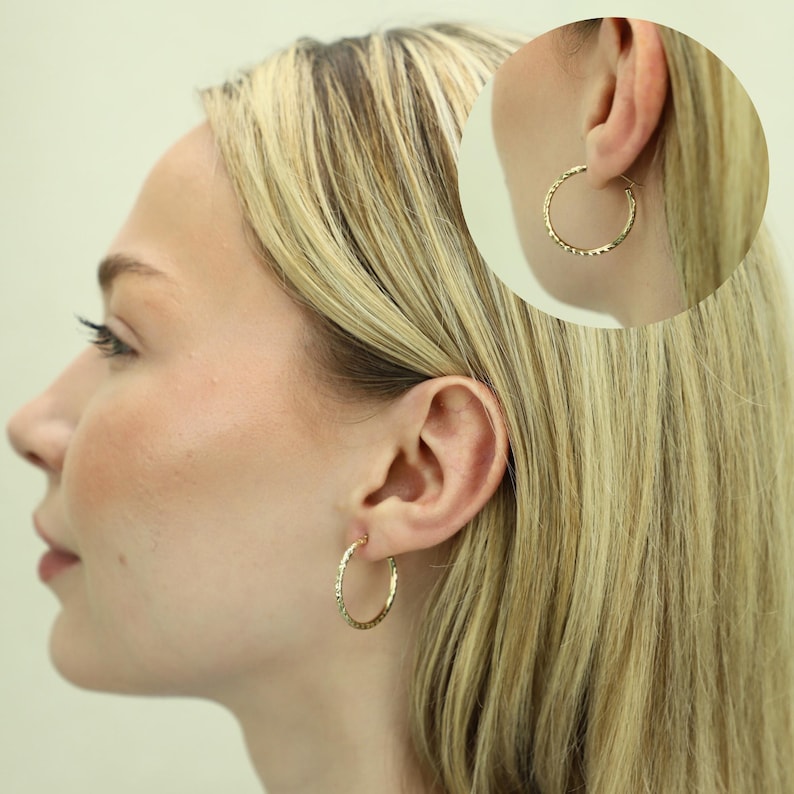 14K Gold Hoop Earrings: Hand-engraved X-pattern, Lightweight 1-inch ...