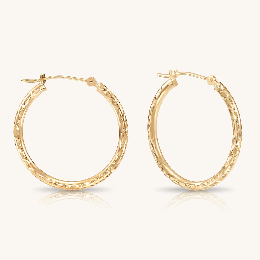 14K Gold Hoop Earrings: Hand-engraved X-pattern, Lightweight 1-inch ...