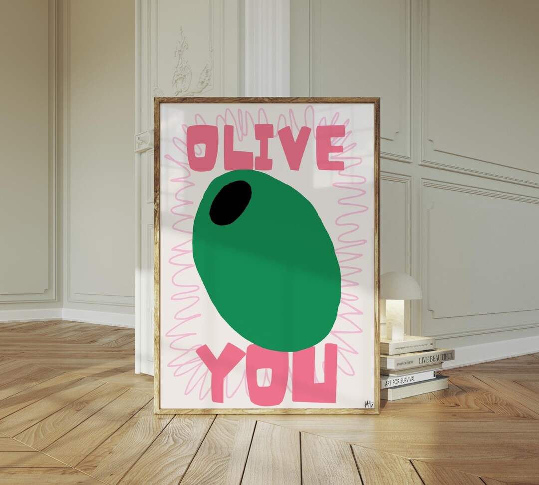 Hand Drawn Kitchen Print, OLIVE YOU Print, Olive Poster, Pink Green ...
