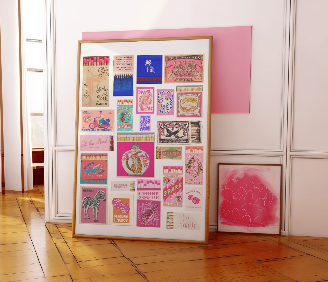 3 Colorful Vintage Matchbook Print, Retro Pink Matches Wall Art, Funky ...