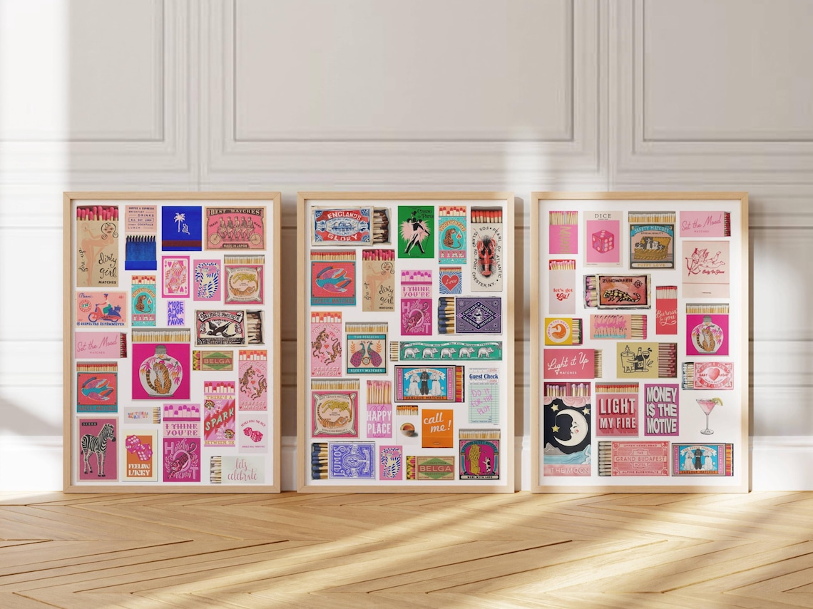 3 Colorful Vintage Matchbook Print, Retro Pink Matches Wall Art, Funky ...