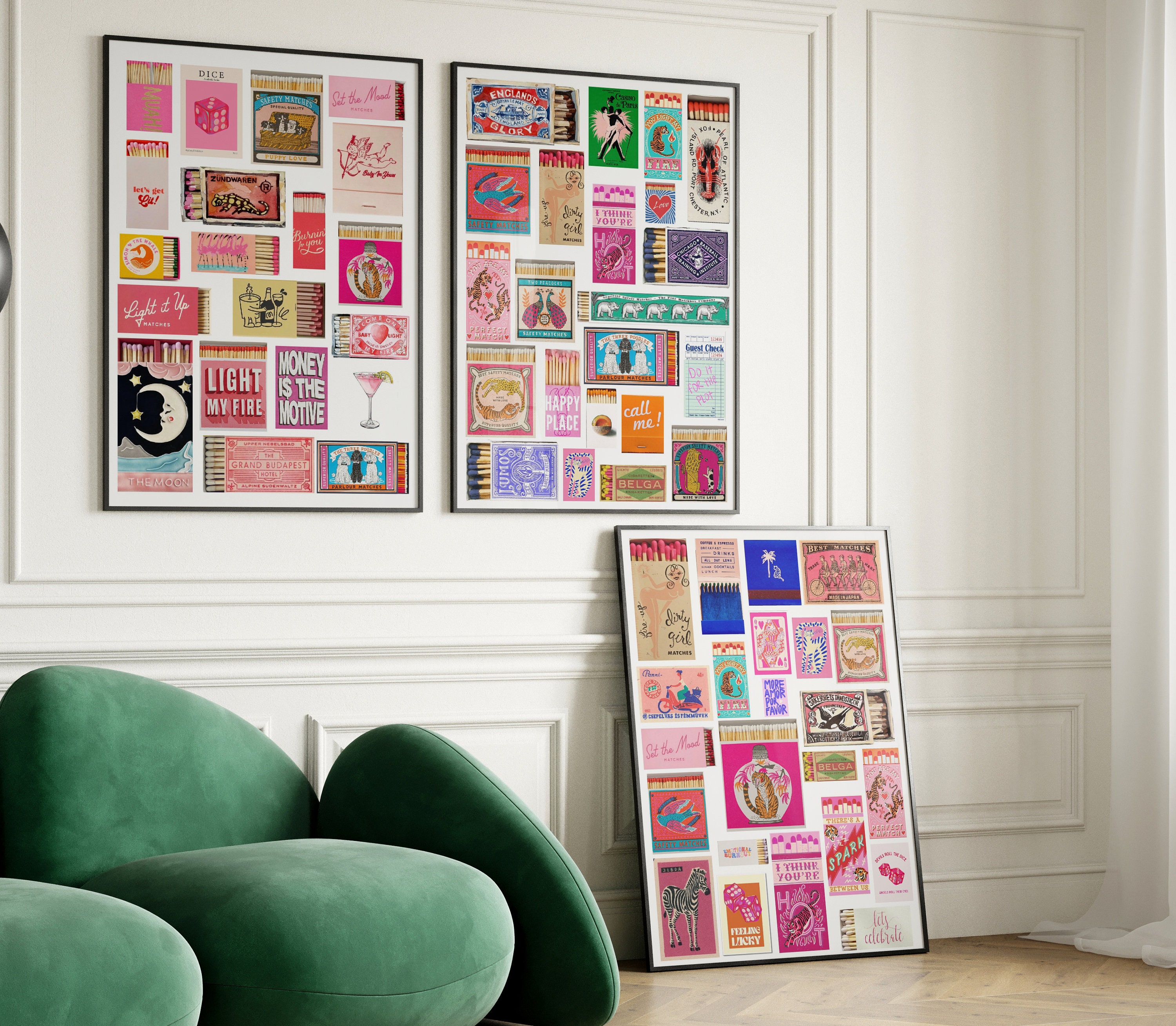 3 Colorful Vintage Matchbook Print, Retro Pink Matches Wall Art, Funky ...
