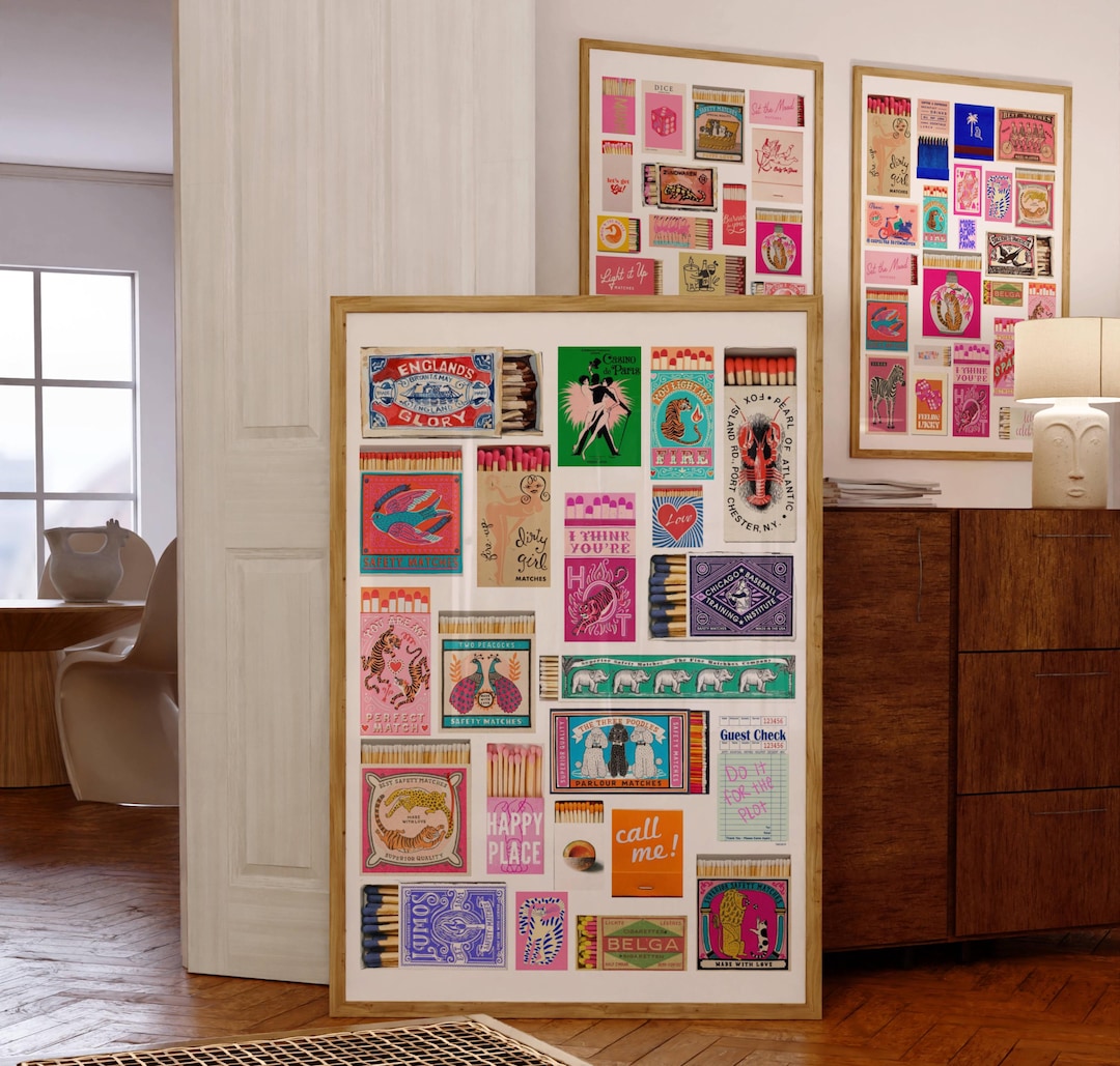 3 Colorful Vintage Matchbook Print, Retro Pink Matches Wall Art, Funky ...
