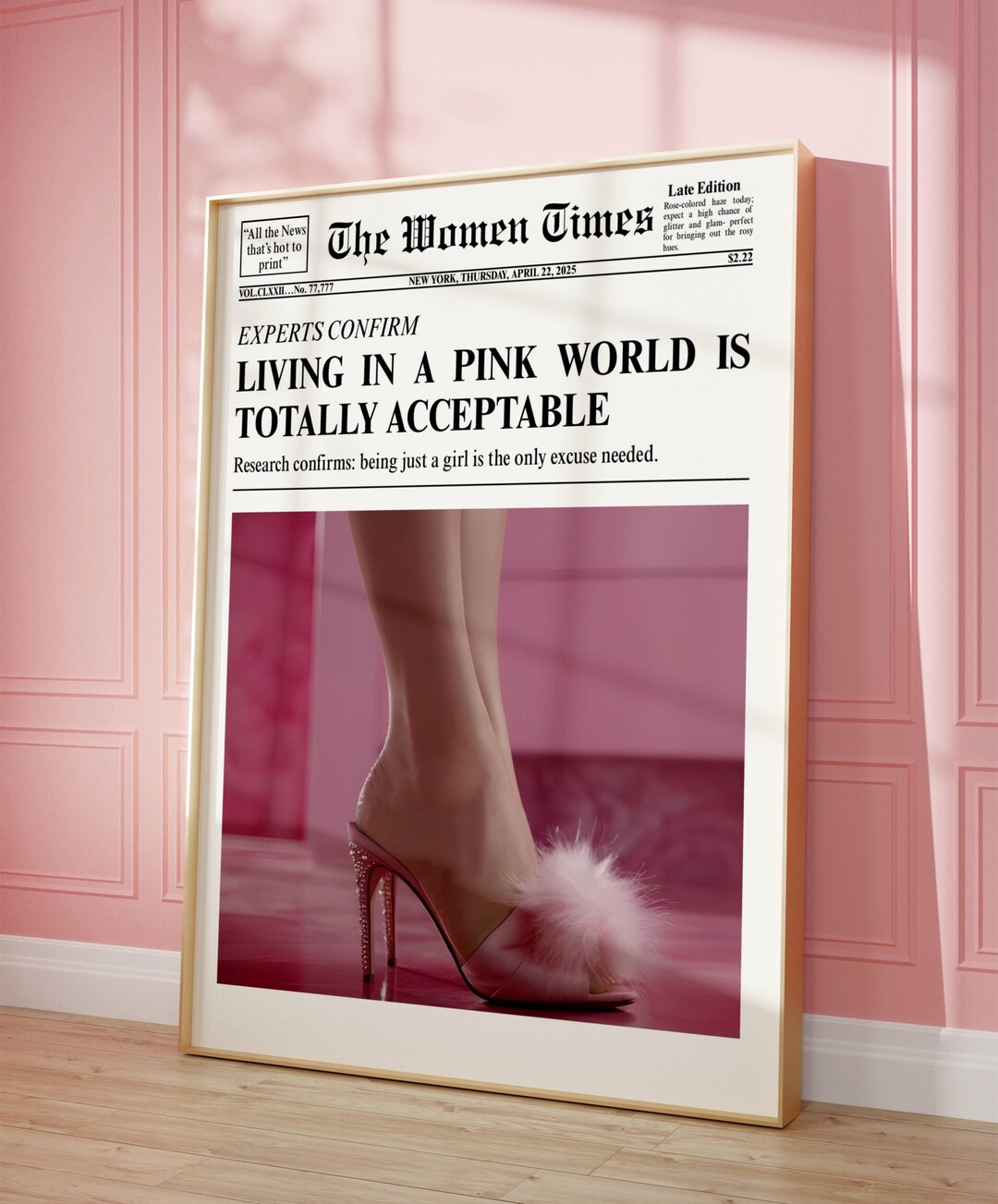 Trendy Newspaper Print, Pink Heels Poster, La Vie En Rose Print, Pink ...