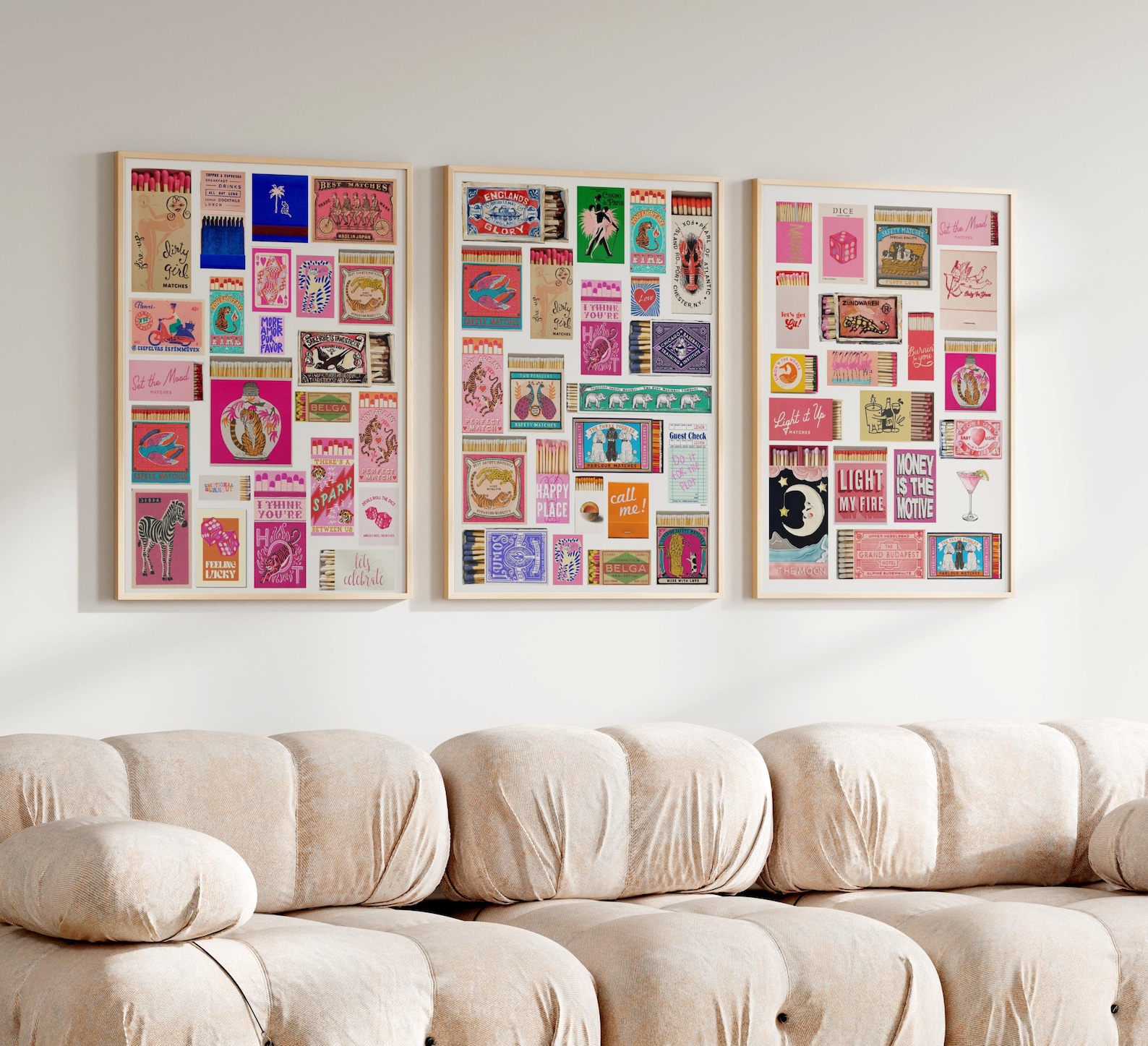 3 Colorful Vintage Matchbook Print, Retro Pink Matches Wall Art, Funky ...