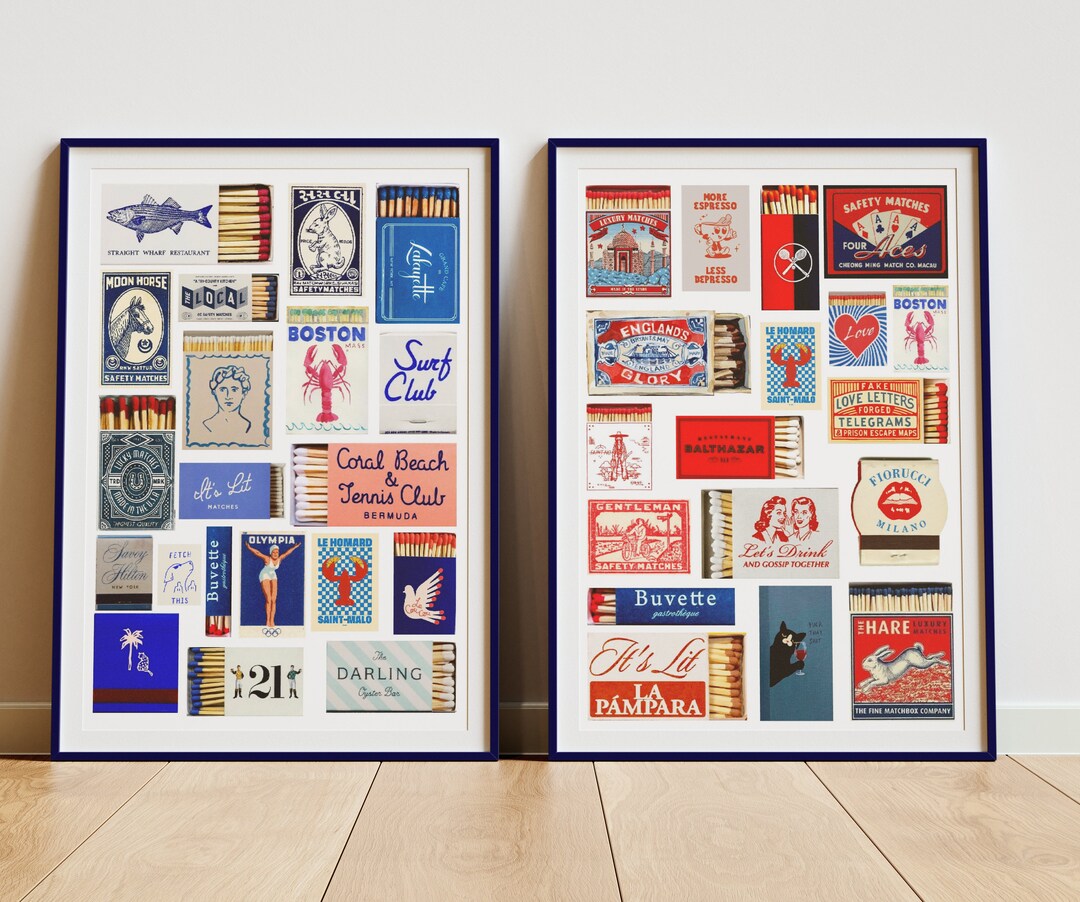 2 Red Blue Vintage Matchbook Print, Retro Navy Matches Wall Art ...