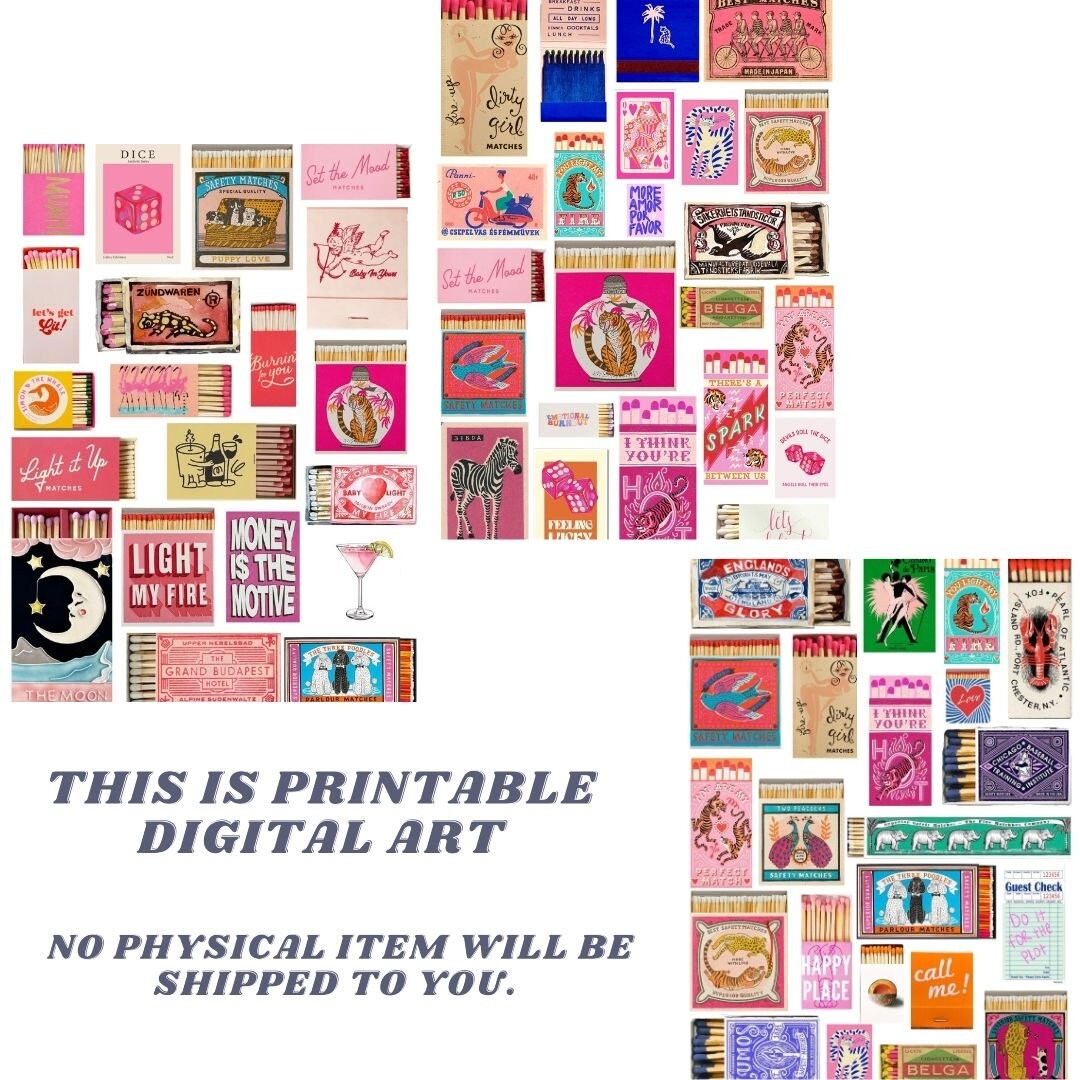 3 Colorful Vintage Matchbook Print, Retro Pink Matches Wall Art, Funky ...