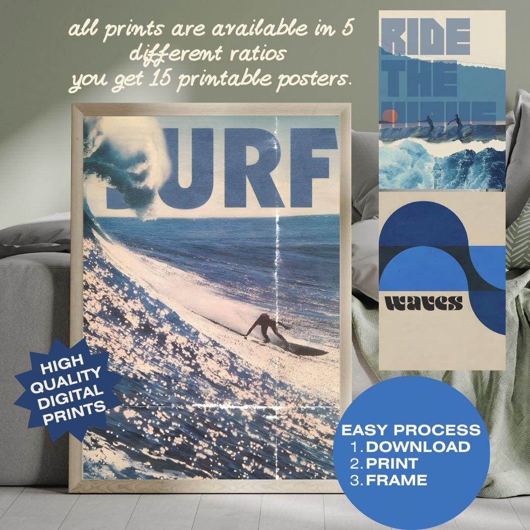 3 Vintage Surfer Magazine Poster, Surfs up Print, Beachy Room Decor ...