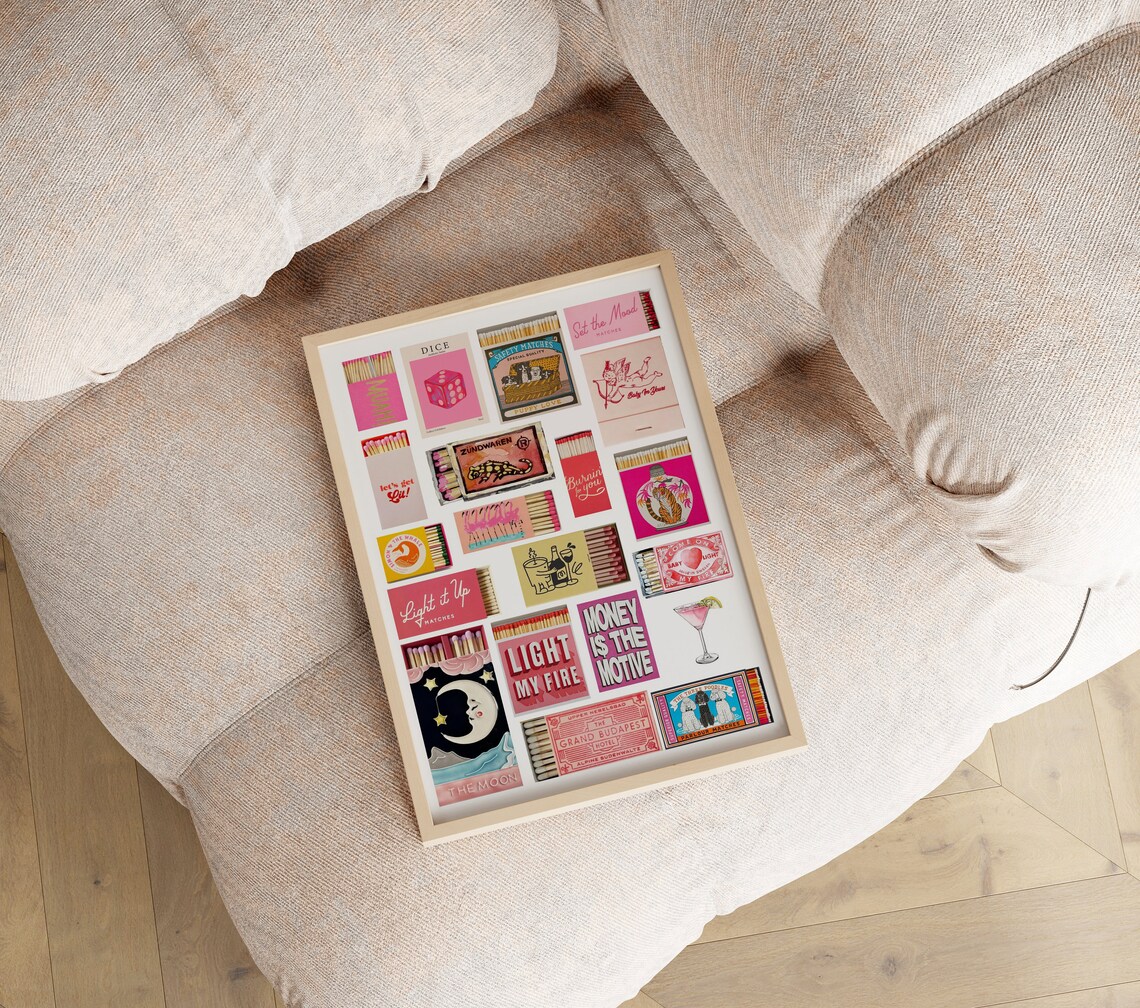 3 Colorful Vintage Matchbook Print, Retro Pink Matches Wall Art, Funky ...