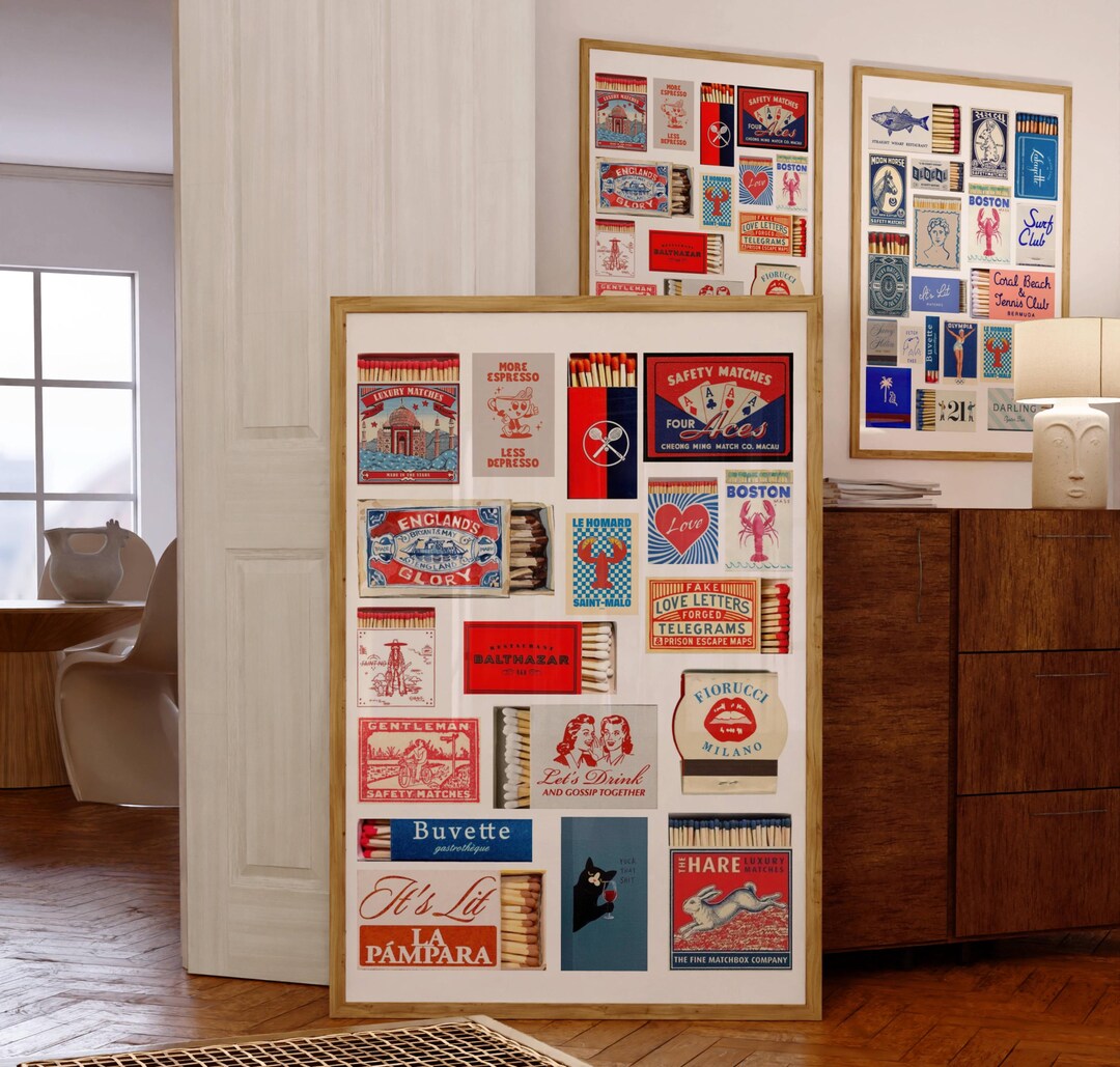 2 Red Blue Vintage Matchbook Print, Retro Navy Matches Wall Art ...