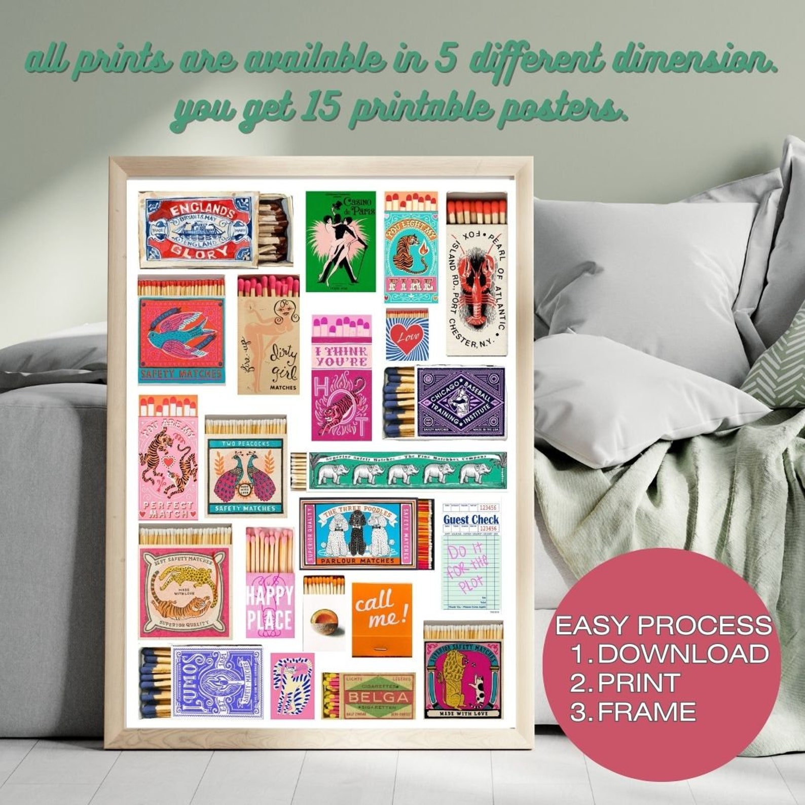 3 Colorful Vintage Matchbook Print, Retro Pink Matches Wall Art, Funky ...