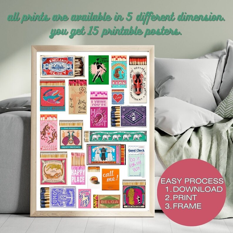 3 Colorful Vintage Matchbook Print, Retro Pink Matches Wall Art, Funky ...