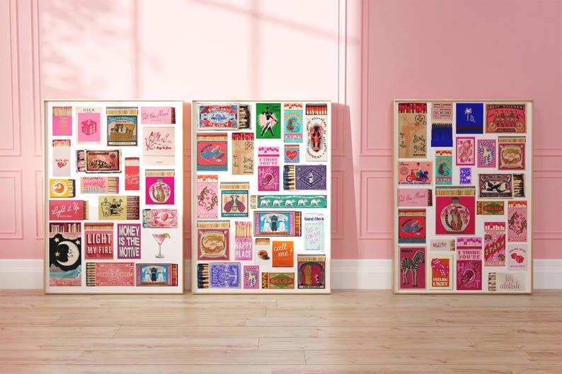 3 Colorful Vintage Matchbook Print, Retro Pink Matches Wall Art, Funky ...