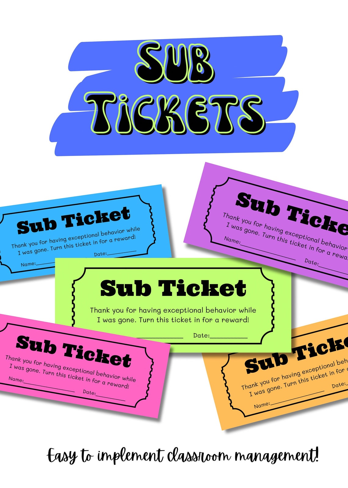 Sub Tickets | Printable Classroom Management Incentives | Instant ...