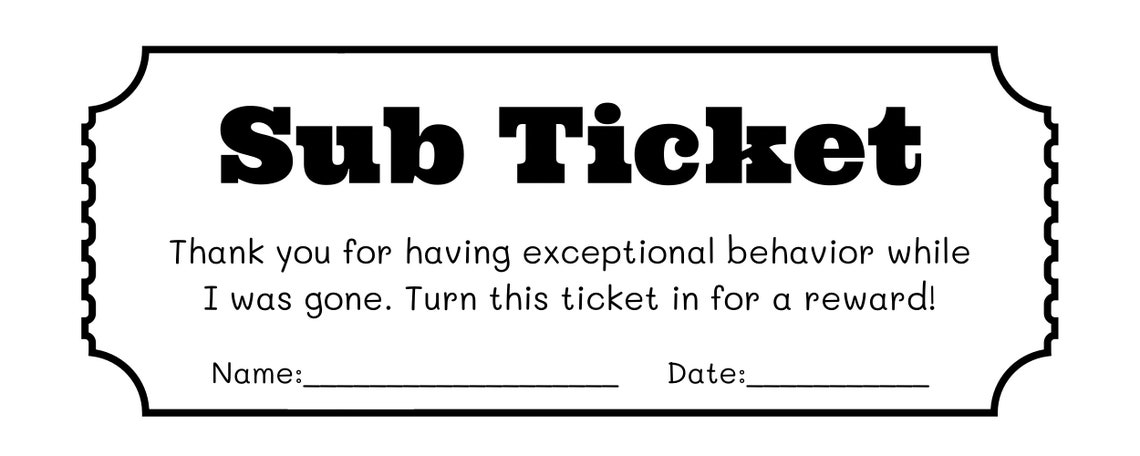 Sub Tickets | Printable Classroom Management Incentives | Instant ...