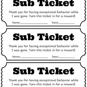 Sub Tickets | Printable Classroom Management Incentives | Instant ...