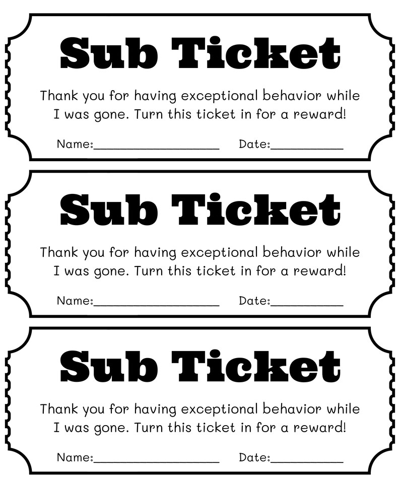 Sub Tickets | Printable Classroom Management Incentives | Instant ...