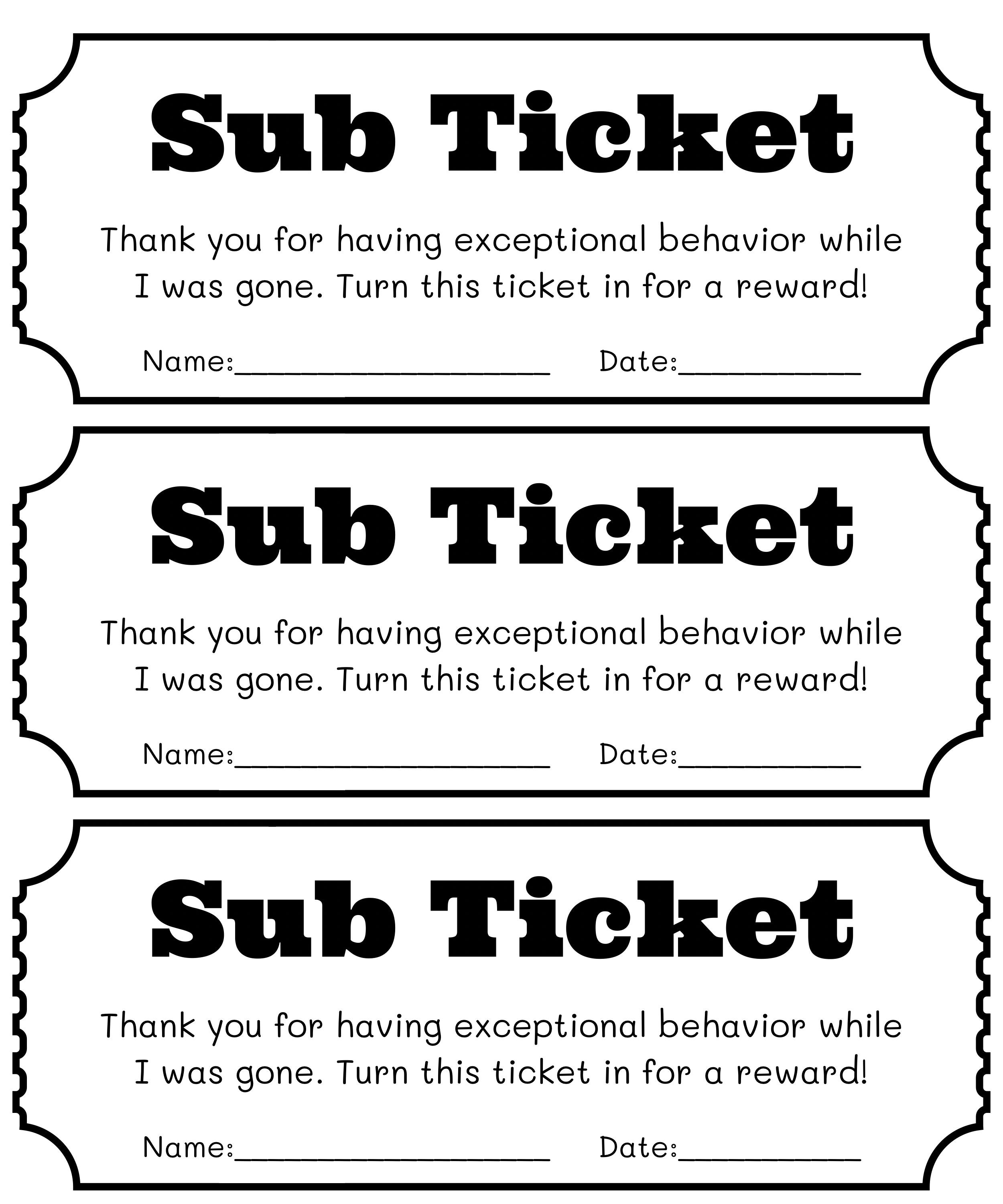 Sub Tickets | Printable Classroom Management Incentives | Instant ...