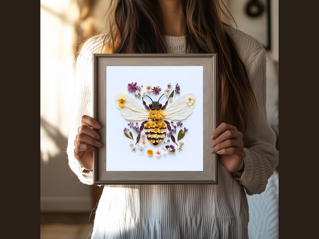 Pressed Flower Bee Art Print, Abstract Floral Bee Wall Art, Botanical ...